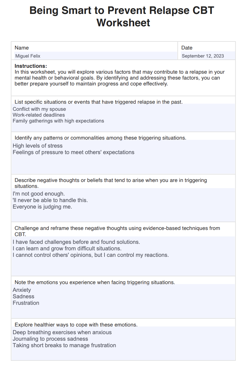 Being Smart to Prevent Relapse CBT Worksheet & Example | Free PDF Download